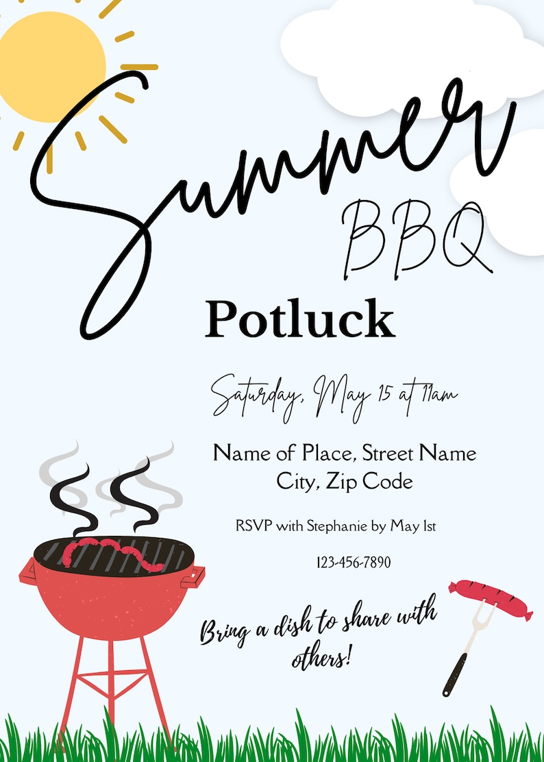 Summer Potluck Invite Template | Editable Potluck Invitation | Potluck ...