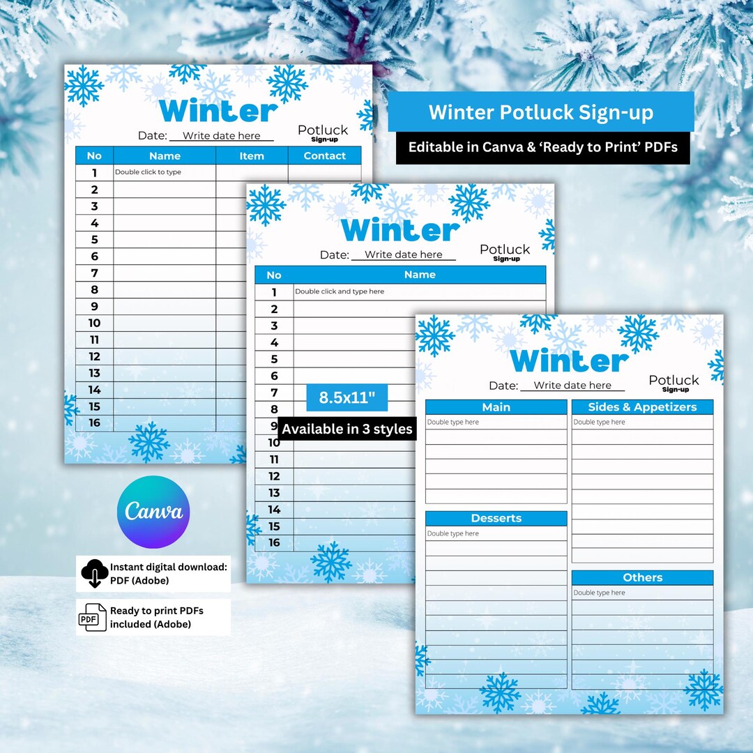 Winter Potluck Sign up Sheet | Holiday Festival Potluck | School Work ...