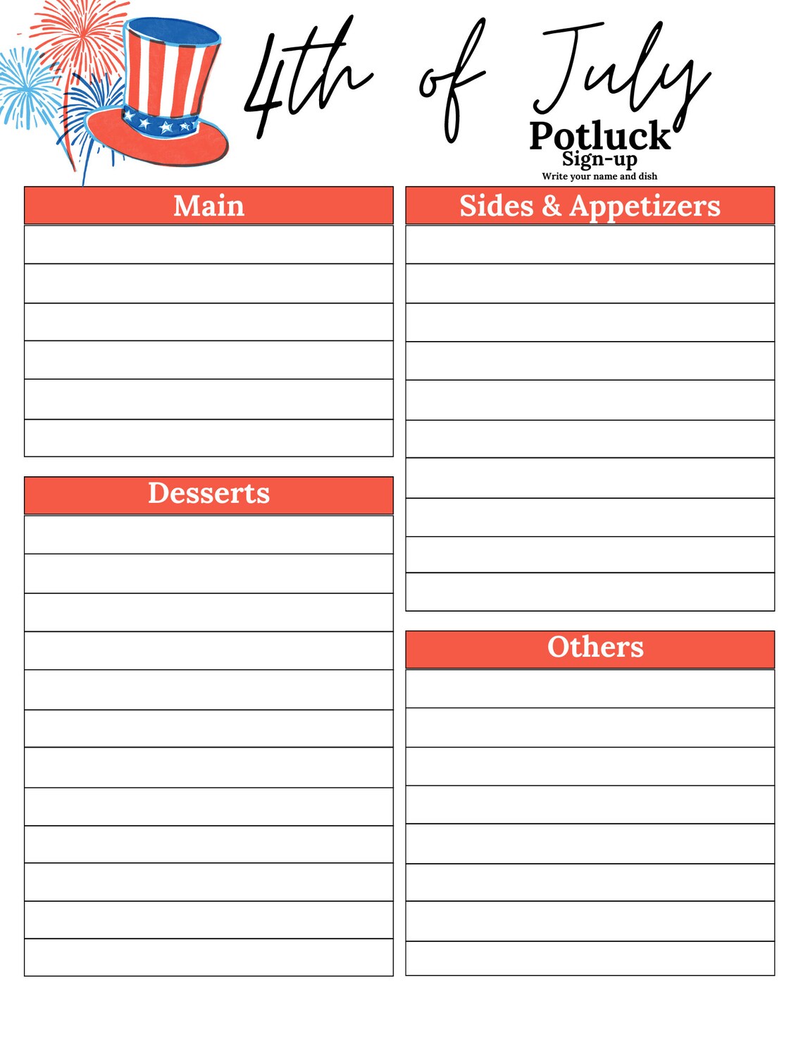 Potluck Sign up Sheet 4th of July Potluck Sign up Sheet July 4th ...