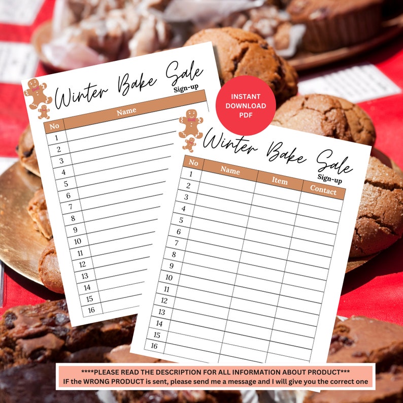 Winter Bake Sale Sign up Sheet | Bake Sale Sheet | Printable Bake Sale ...