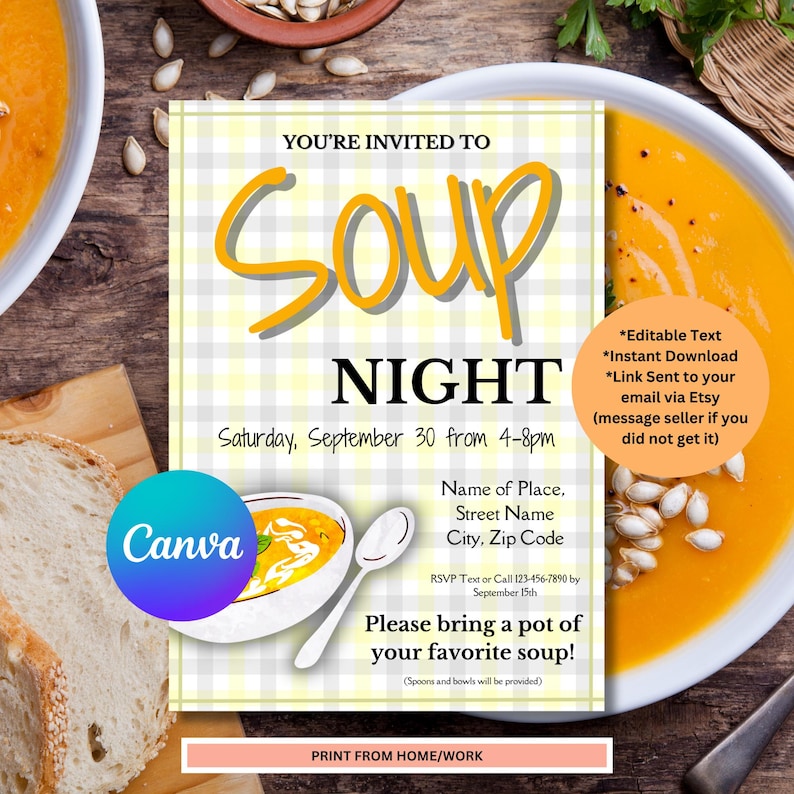Soup Night Potluck Party Invite Template | Editable Soup Night | Soup ...