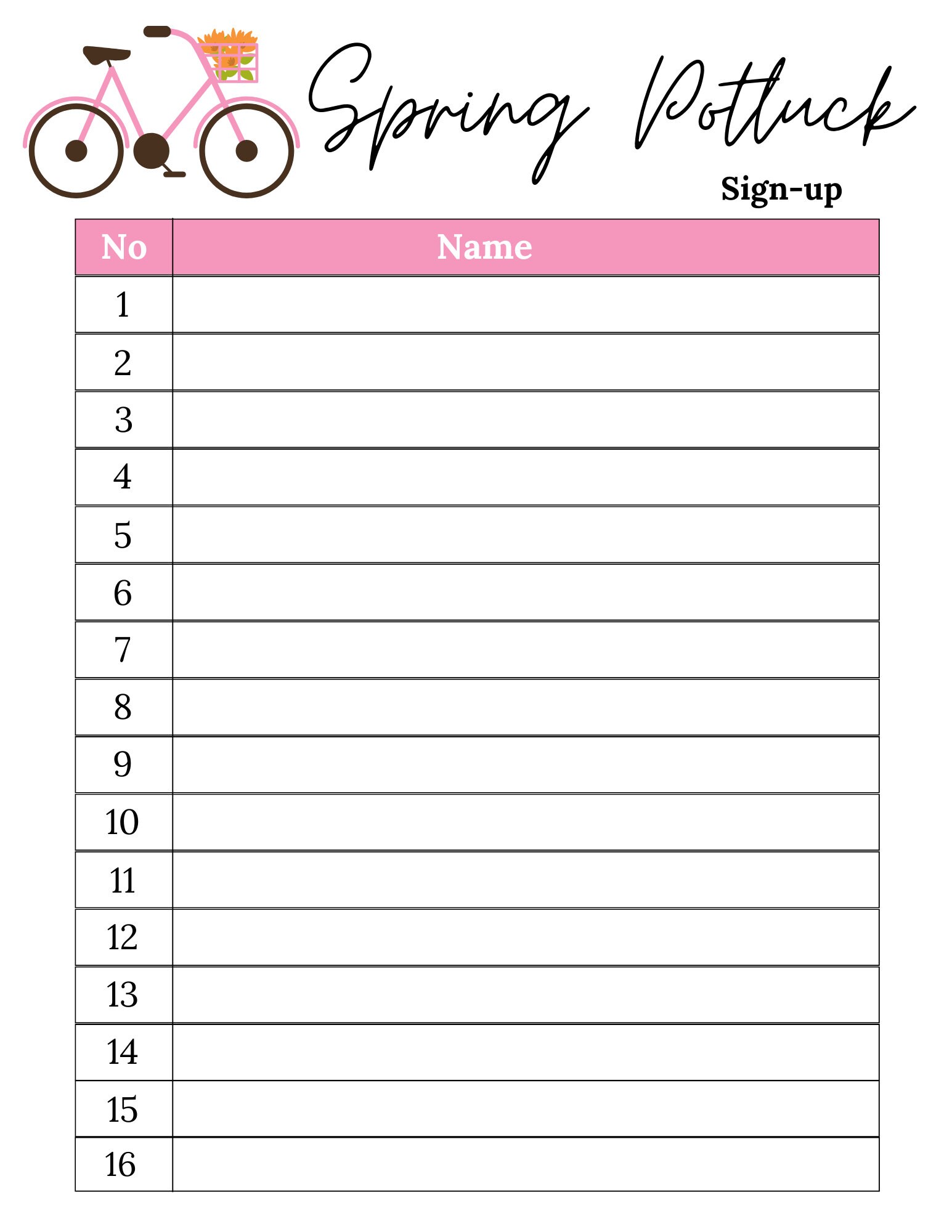 Spring Potluck Sign up Sheet | Spring Potluck Sheet | Spring Potluck ...