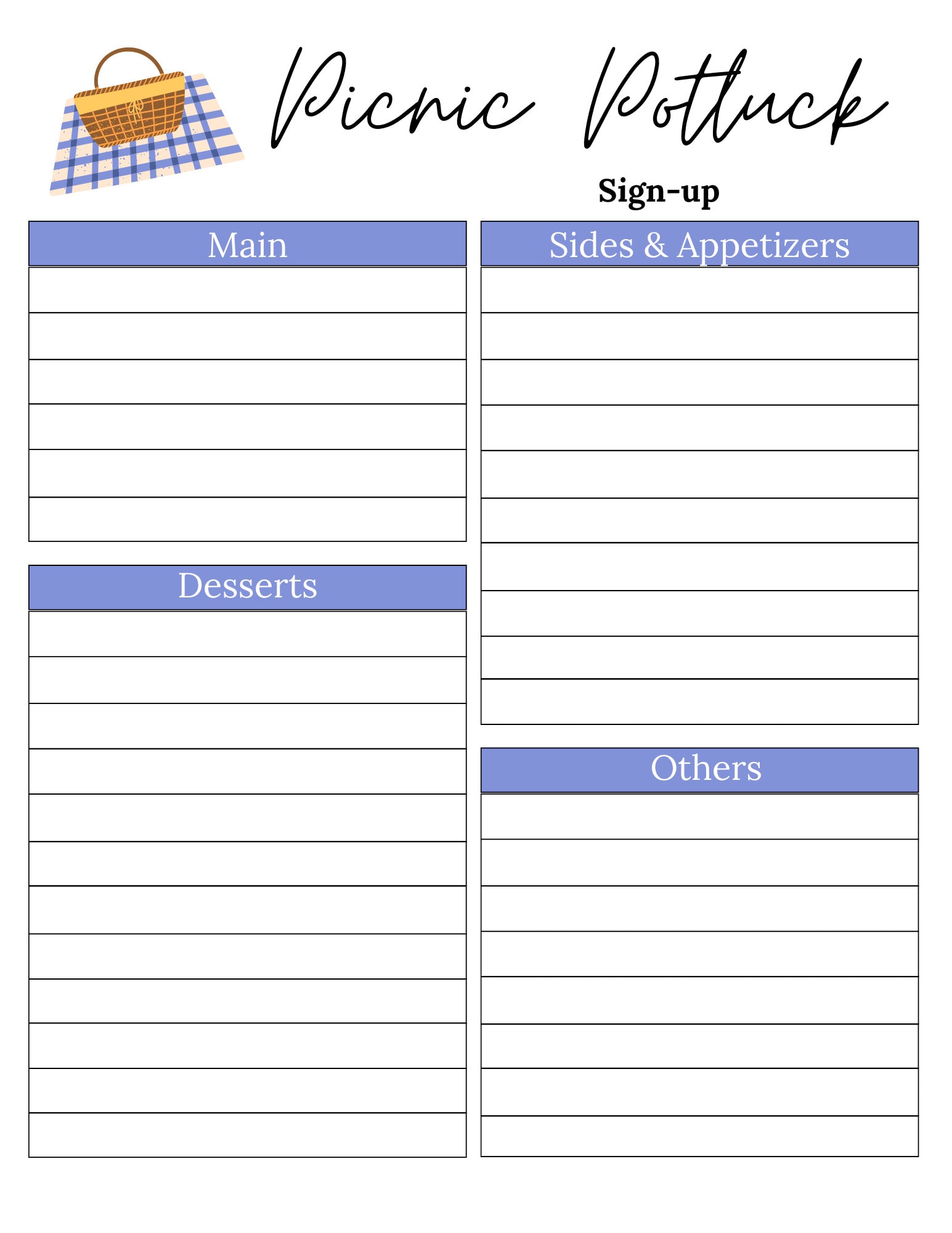 Potluck Sign up Sheet | Picnic Potluck Sign up Sheet | Picnic Potluck ...