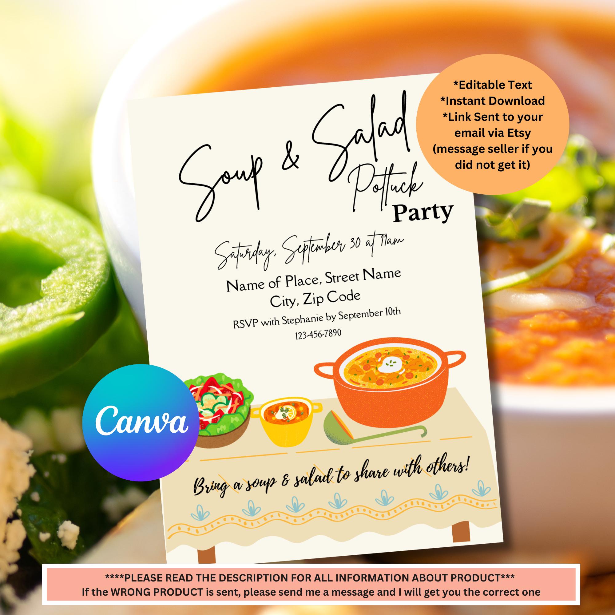 Soup and Salad Potluck Invitation Template | Soup and Salad Potluck ...