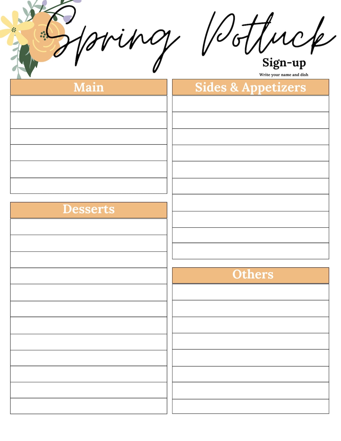 Spring Potluck Sign up Sheet Spring Potluck Sheet Spring Potluck ...