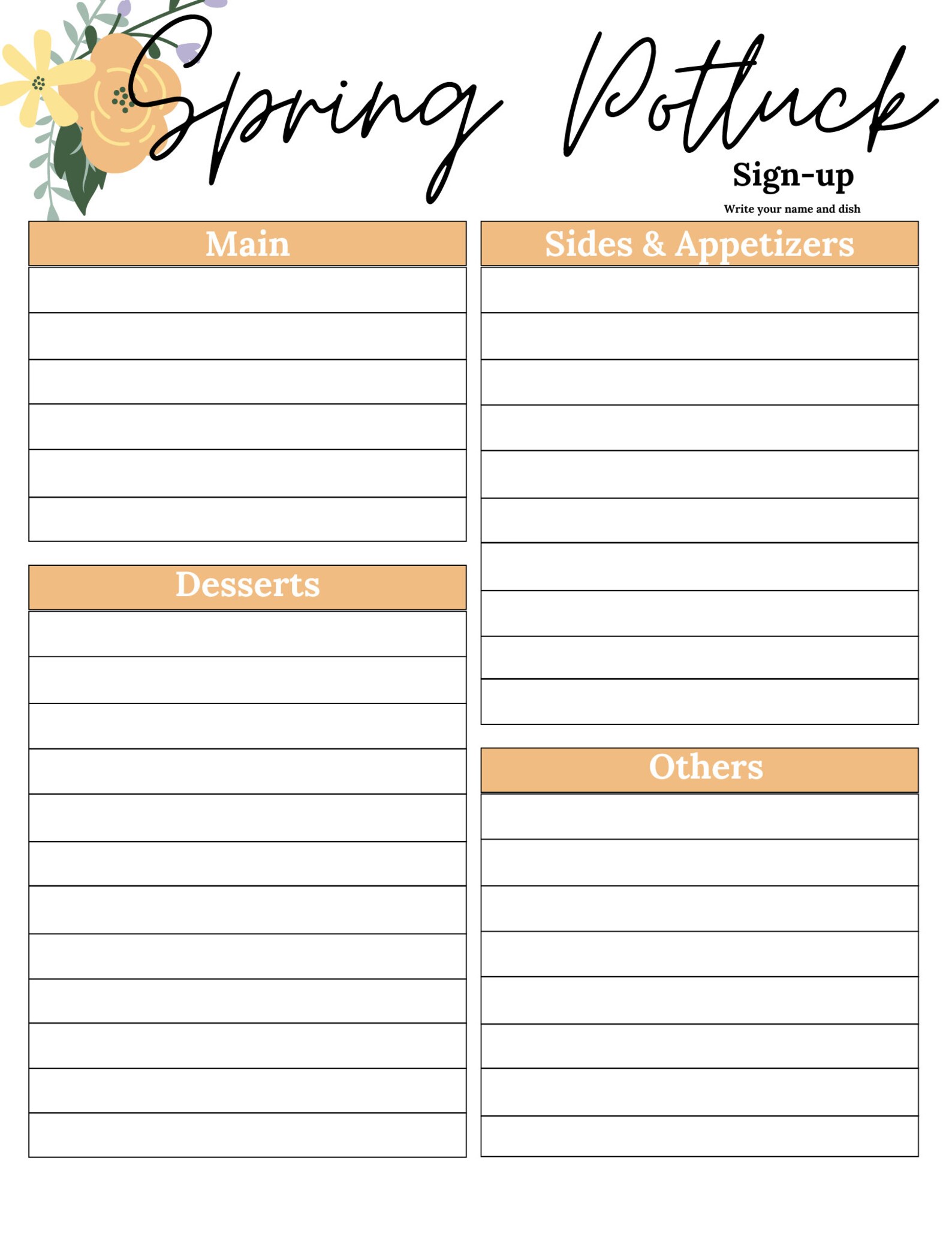 Spring Potluck Sign up Sheet | Spring Potluck Sheet | Spring Potluck ...