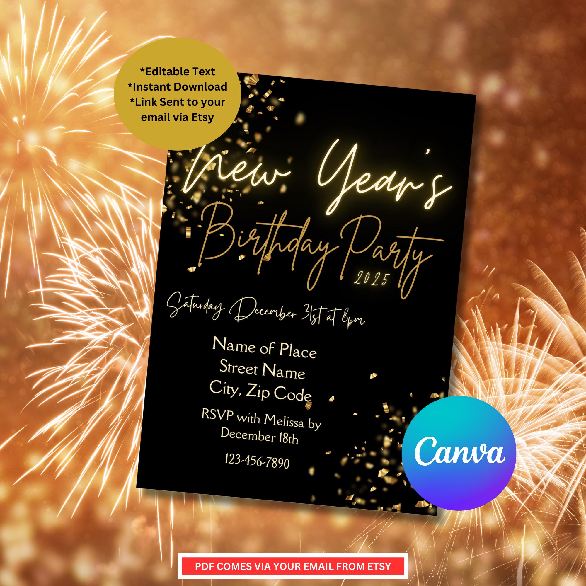 New Years Birthday Invitation Template | New Year Birthday Party Invite ...