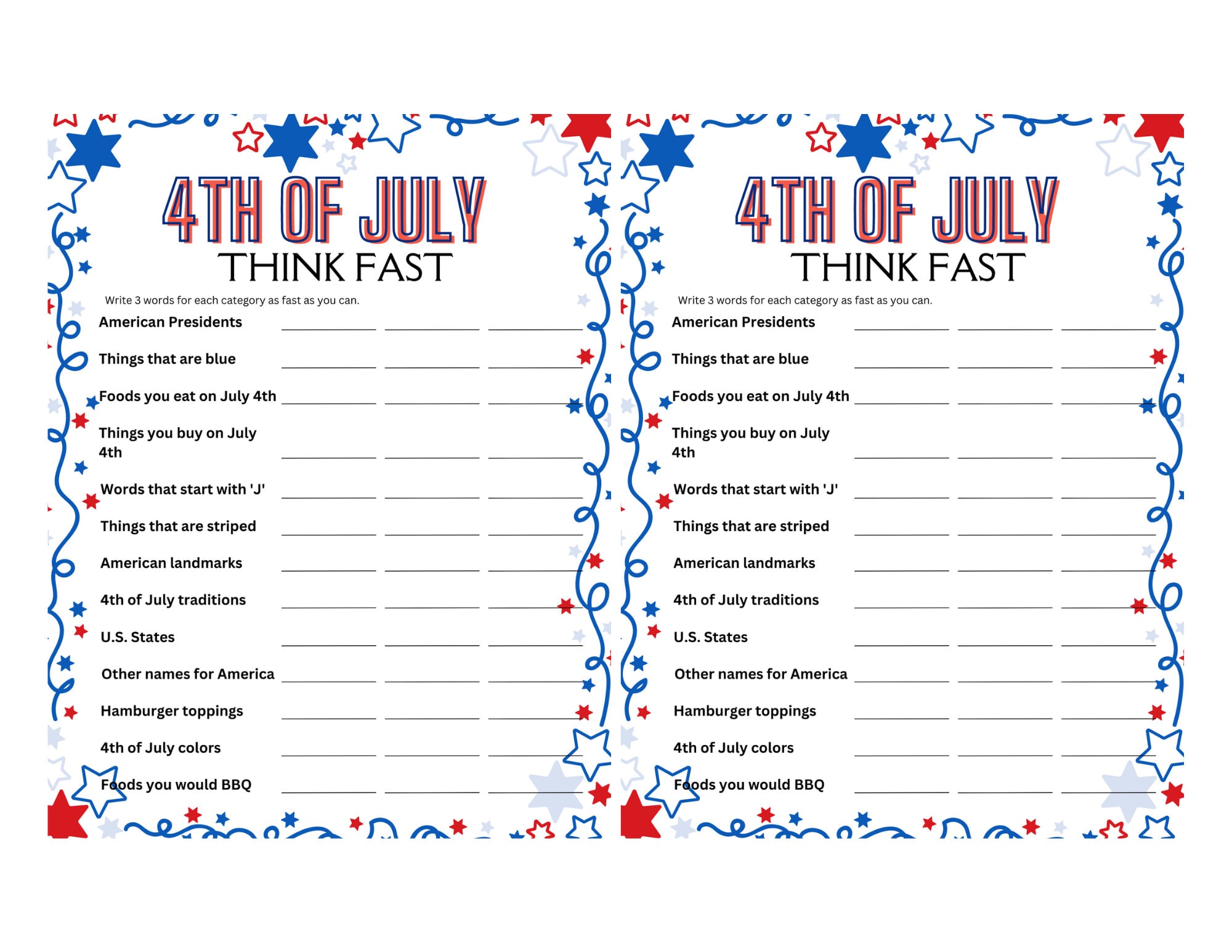Think Fast 4th of July Game | Independence Day Printable Games | July ...