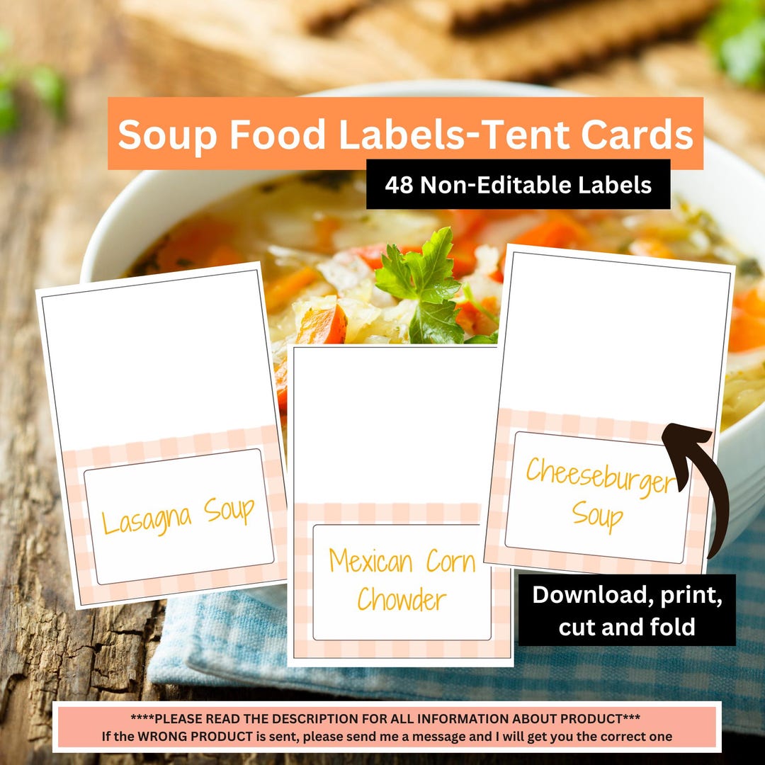 Soup Food Labels With Names Tent Cards Non-editable Printable | Soup ...