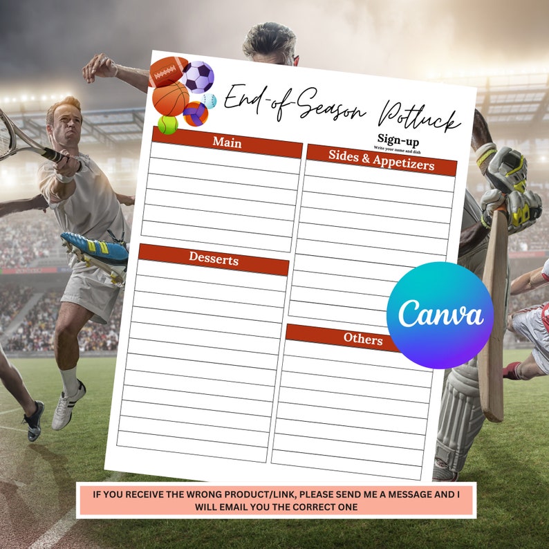 Potluck Sign up Sheet | End of Season Potluck Sign up Sheet | Sports ...