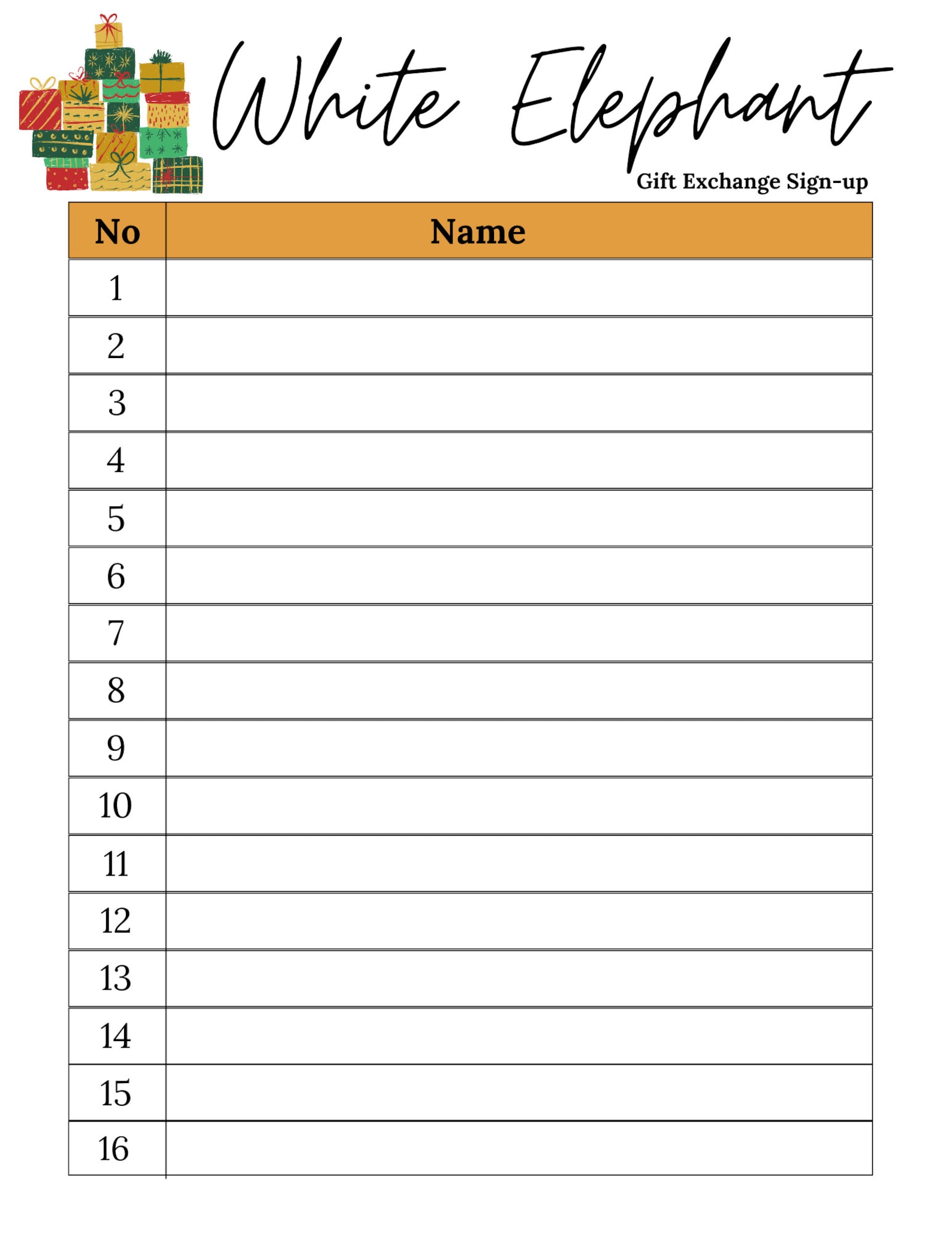 White Elephant Gift Exchange Sign up Sheet | Gift Exchange Sign up ...