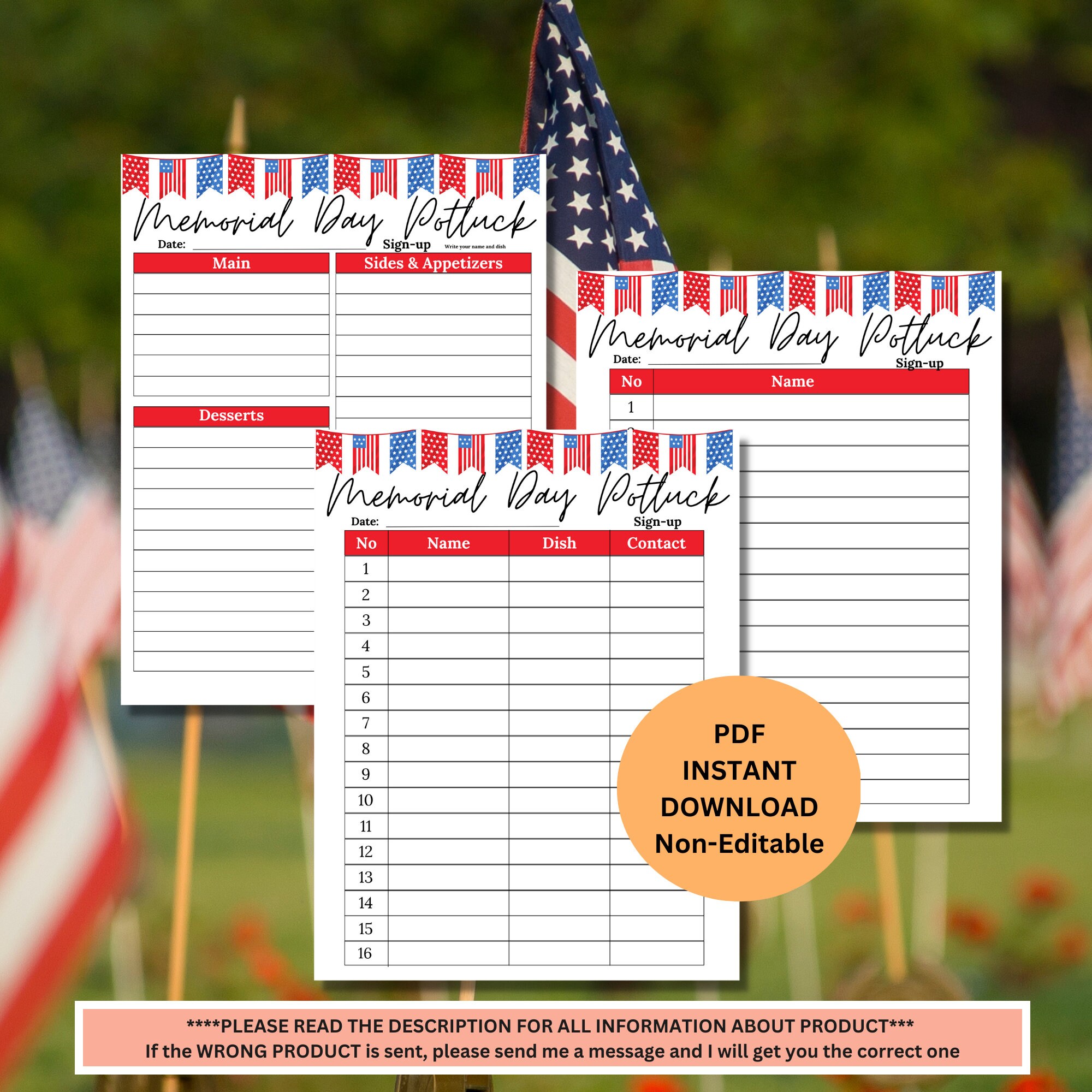 Memorial Day Potluck Sign up Sheet | Holiday Potluck Sheet | Potluck ...