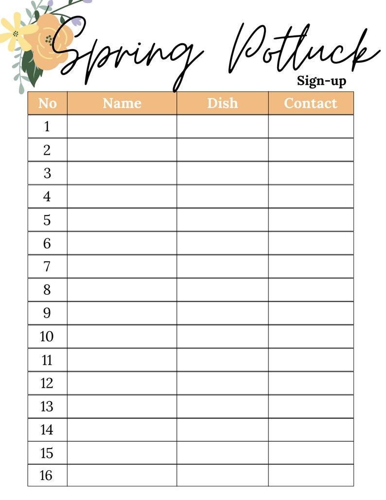 Spring Potluck Sign up Sheet | Spring Potluck Sheet | Spring Potluck ...