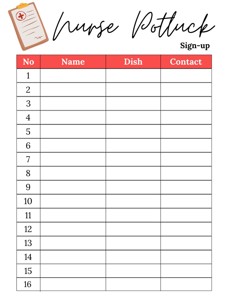 Nurse Potluck Sign up Sheet | Nurse Sign up Sheet | Nurse Potluck Sheet ...