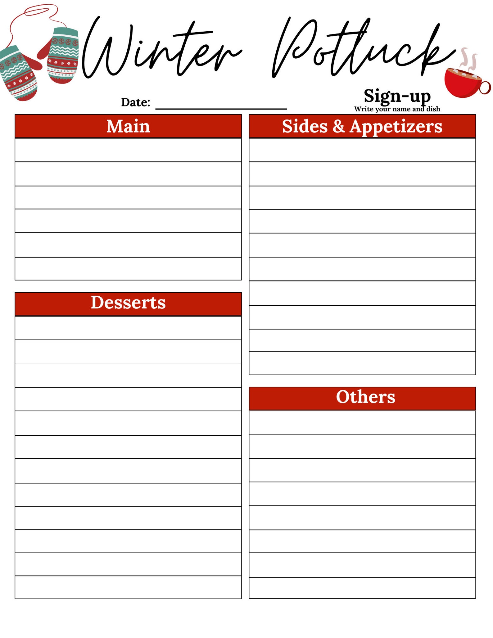 Potluck Sign up Sheet | Winter Potluck Sign up Sheet | Christmas ...