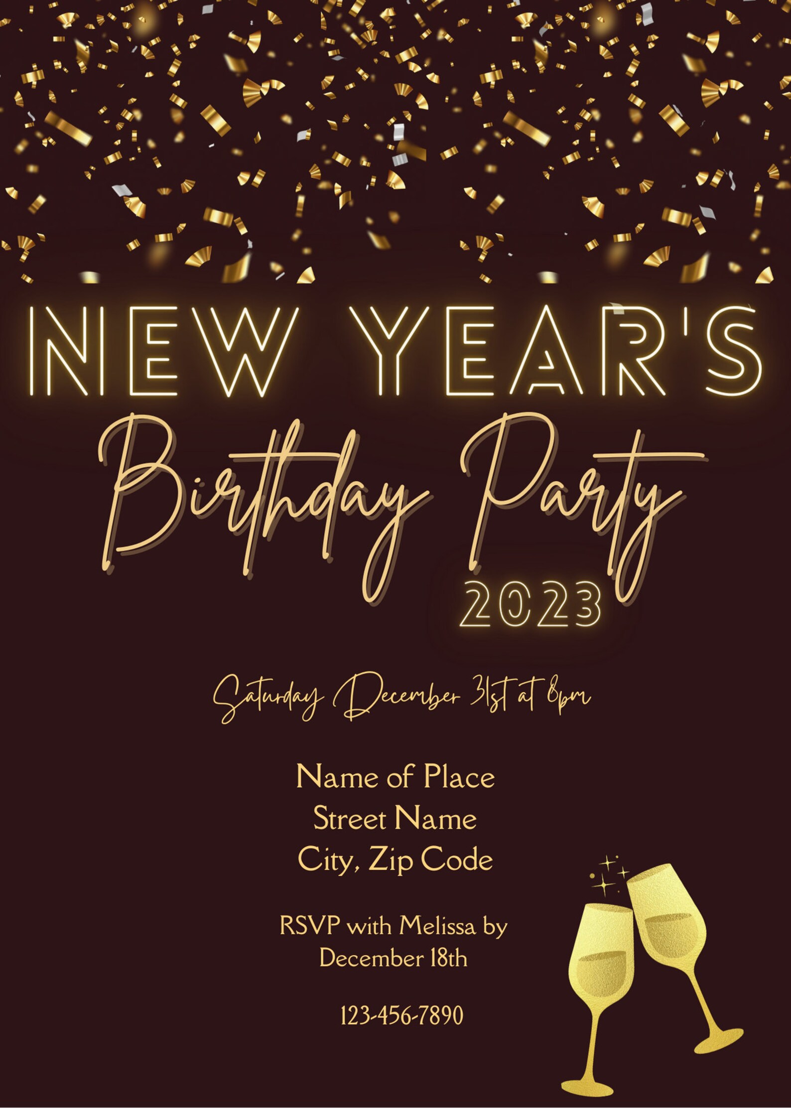 New Years Birthday Invitation Template New Year Birthday Party Invite ...