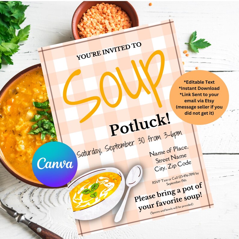 Soup Potluck Party Invite Template | Editable Soup Potluck| Soup ...
