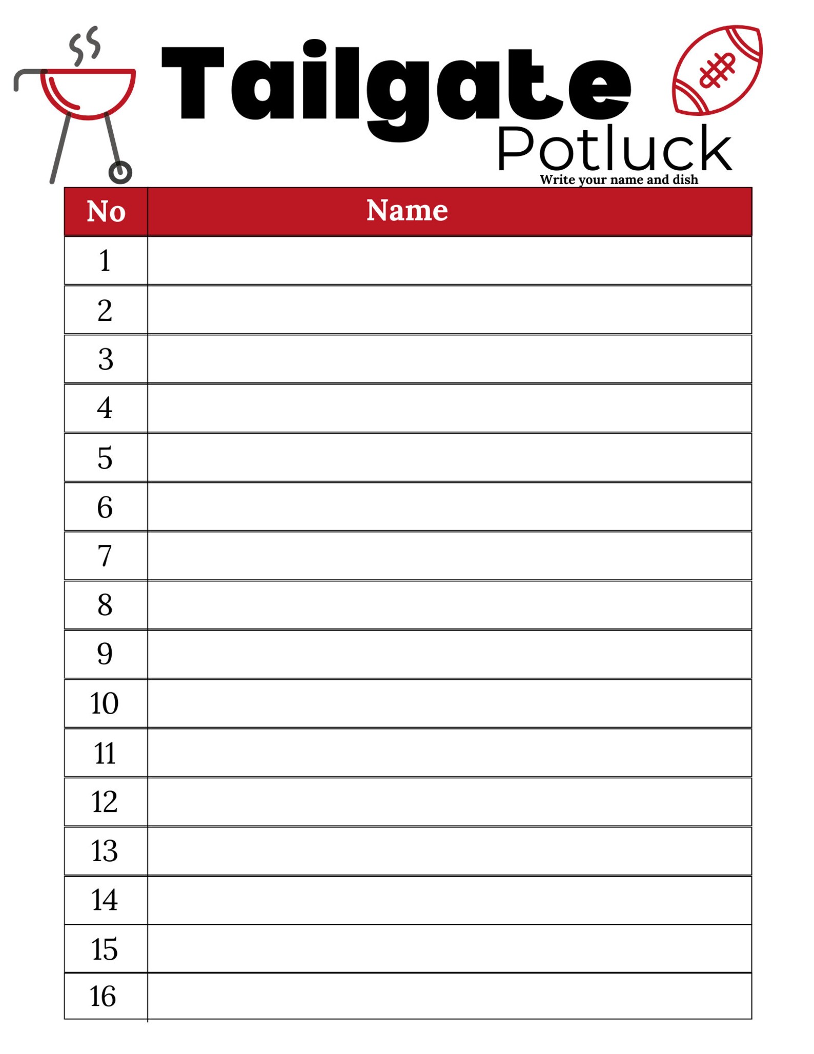 Tailgate Potluck Sign up Sheet Potluck Sign up Sheet Football Party ...