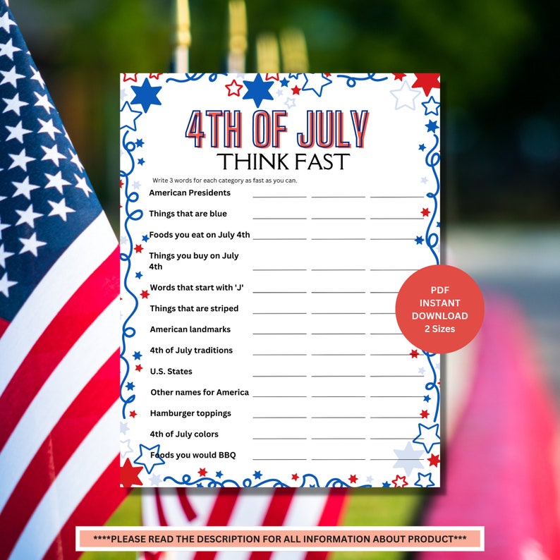 Think Fast 4th of July Game | Independence Day Printable Games | July ...