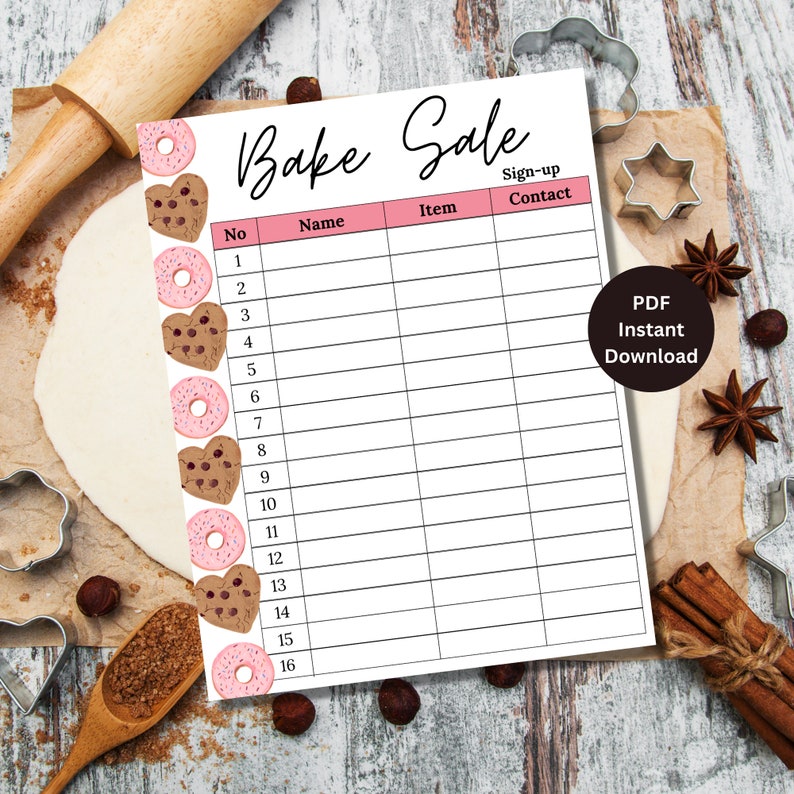 Bake Sale Sign up Sheet | Bake Sale Sheet | Printable Bake Sale Sign up ...