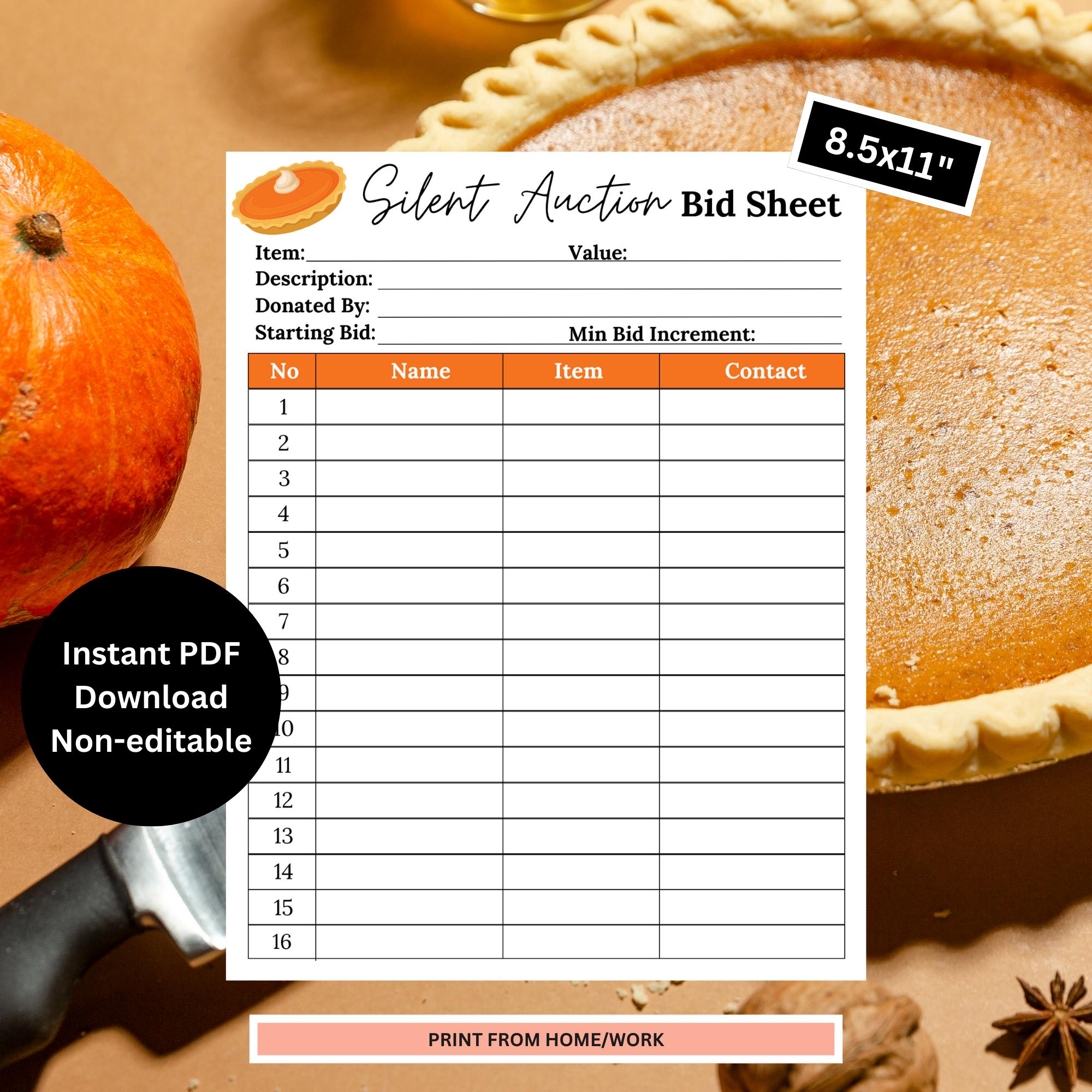 Pie Silent Auction Bid Sheet | Dessert Bidding | Silent Auction Bidding ...