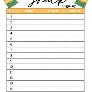 Snack Sign up Sheet | Snack Party Sign up Sheet | Printable Snack Sign ...
