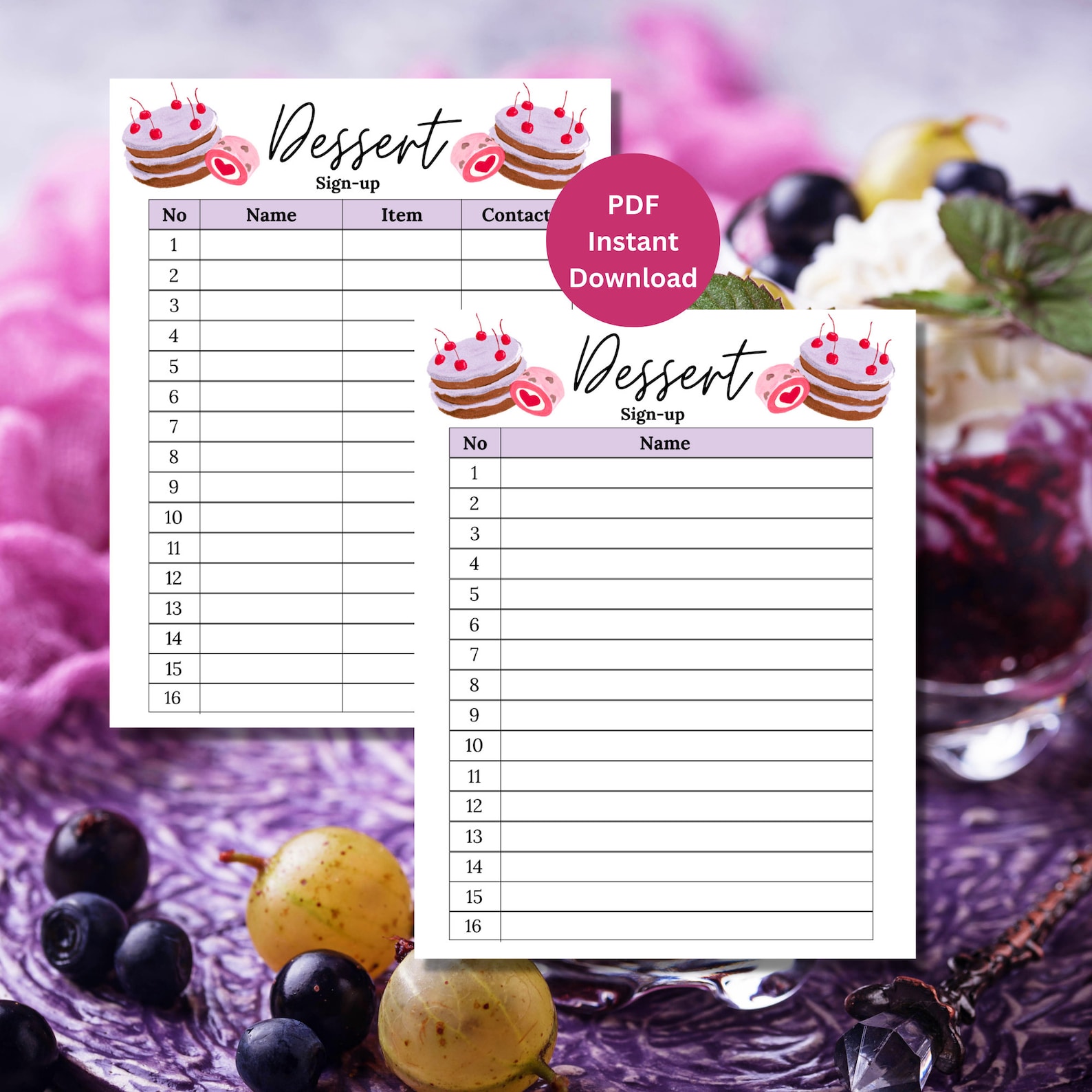 Dessert Sign up Sheet | Dessert Sheet | Printable Dessert Sign up Sheet ...