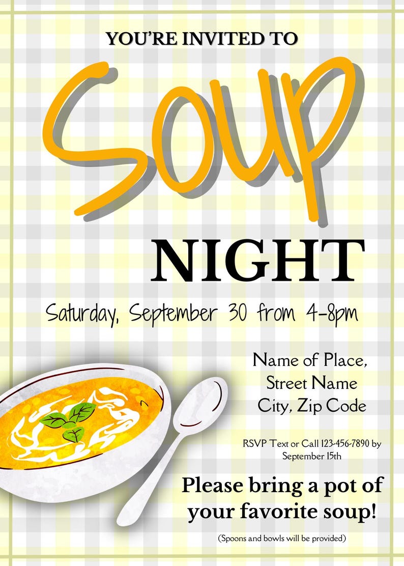 Soup Night Potluck Party Invite Template | Editable Soup Night | Soup ...
