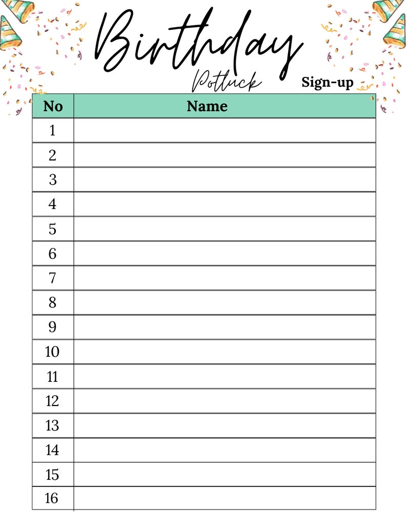 Potluck Sign up Sheet | Birthday Potluck Sign up Sheet | Birthday ...