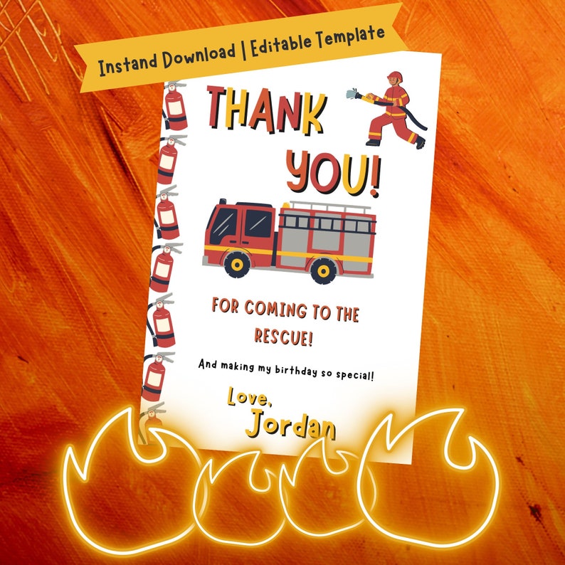 Firefighter Birthday Thank You Template Firefighter - Etsy