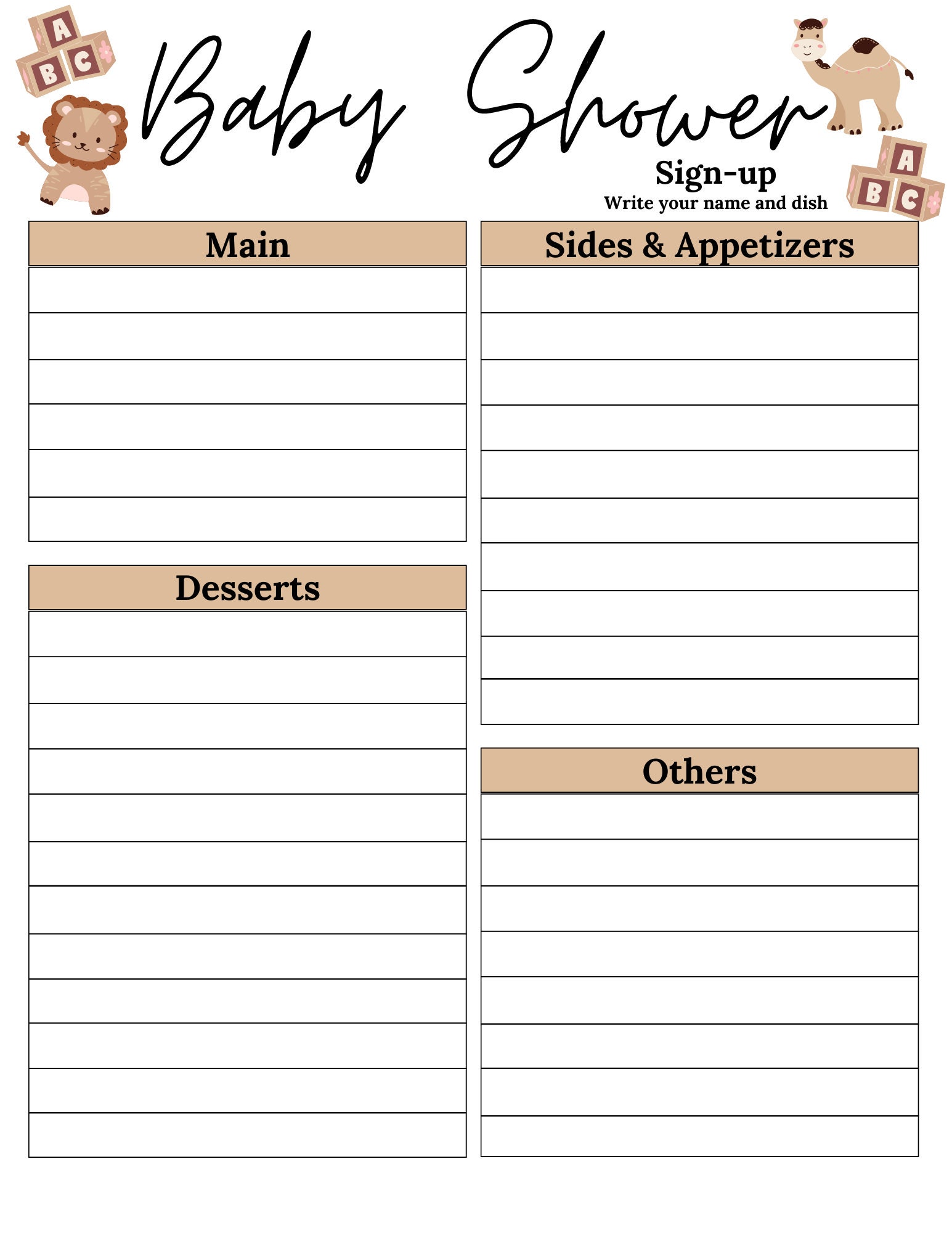 Potluck Sign up Sheet | Baby Shower Potluck Sign up Sheet | Baby Shower ...