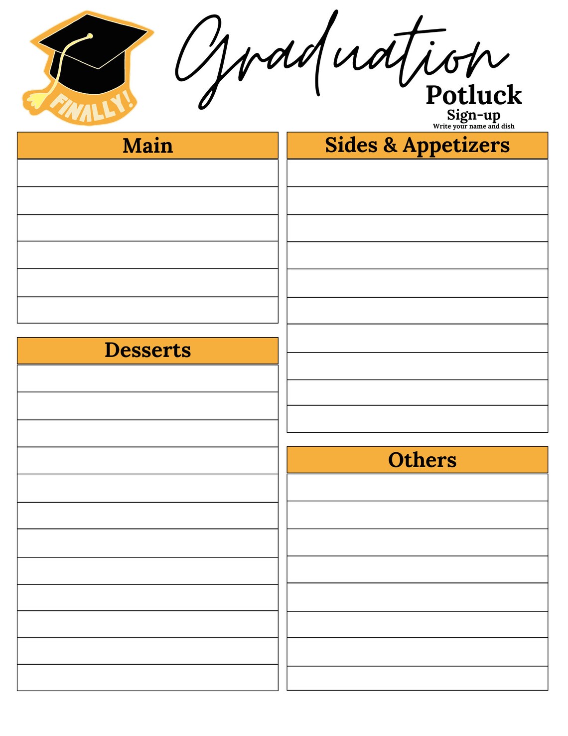 Potluck Sign up Sheet | Graduation Potluck Sign up Sheet | Grad Potluck ...