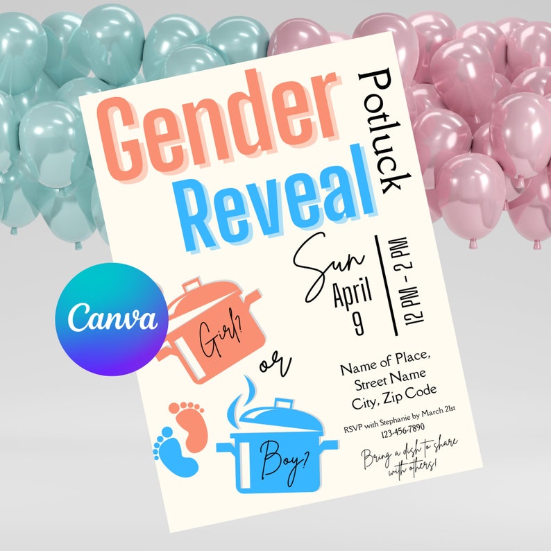 Gender Reveal Potluck Invitation Template | Gender Reveal Party Potluck ...