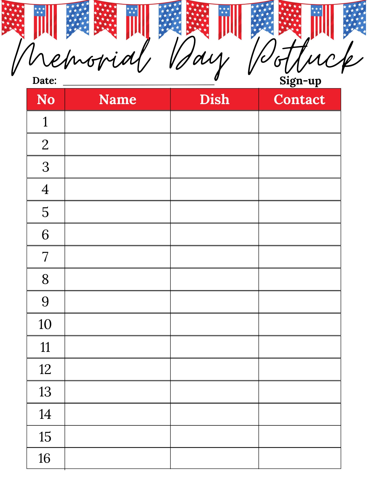 Memorial Day Potluck Sign Up Sheet Holiday Potluck Sheet Potluck Sign