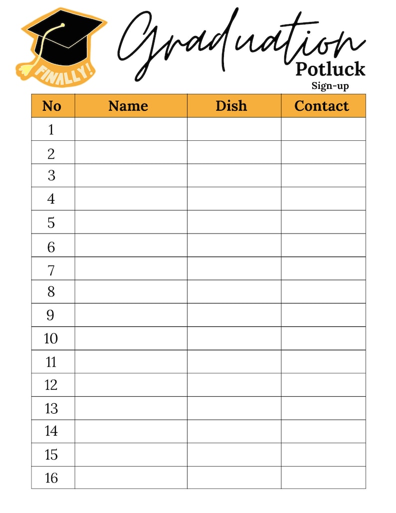 Potluck Sign up Sheet | Graduation Potluck Sign up Sheet | Grad Potluck ...