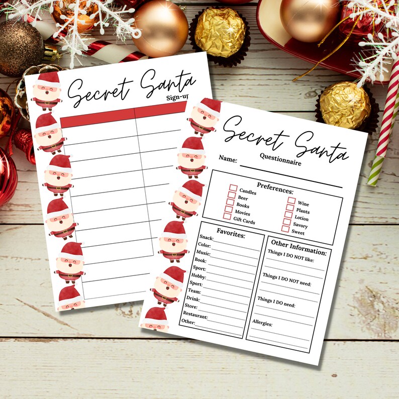 Secret Santa Sign up Sheet | Secret Santa Questionnaire | Secret Santa ...