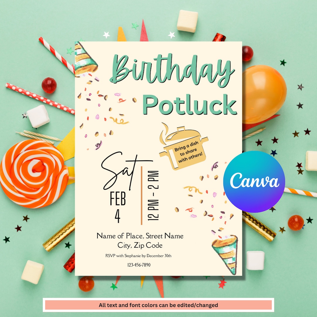 Birthday Potluck Invitation Template | Birthday Party Potluck Invite | Birthday Potluck ...