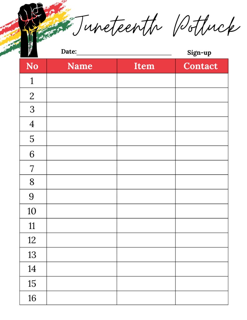 Potluck Sign up Sheet | Juneteenth Day Potluck Sign up Sheet | Potluck ...