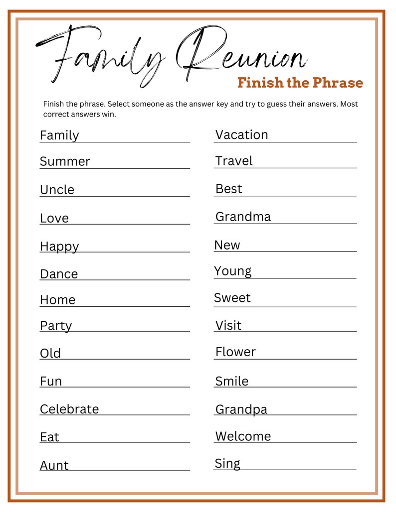 Family Reunion Finish the Phrase | Family Reunion Games | Games for ...