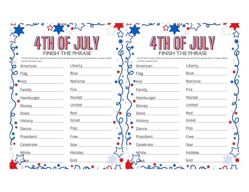 Finish the Phrase 4th of July Game | Independence Day Printable Games ...