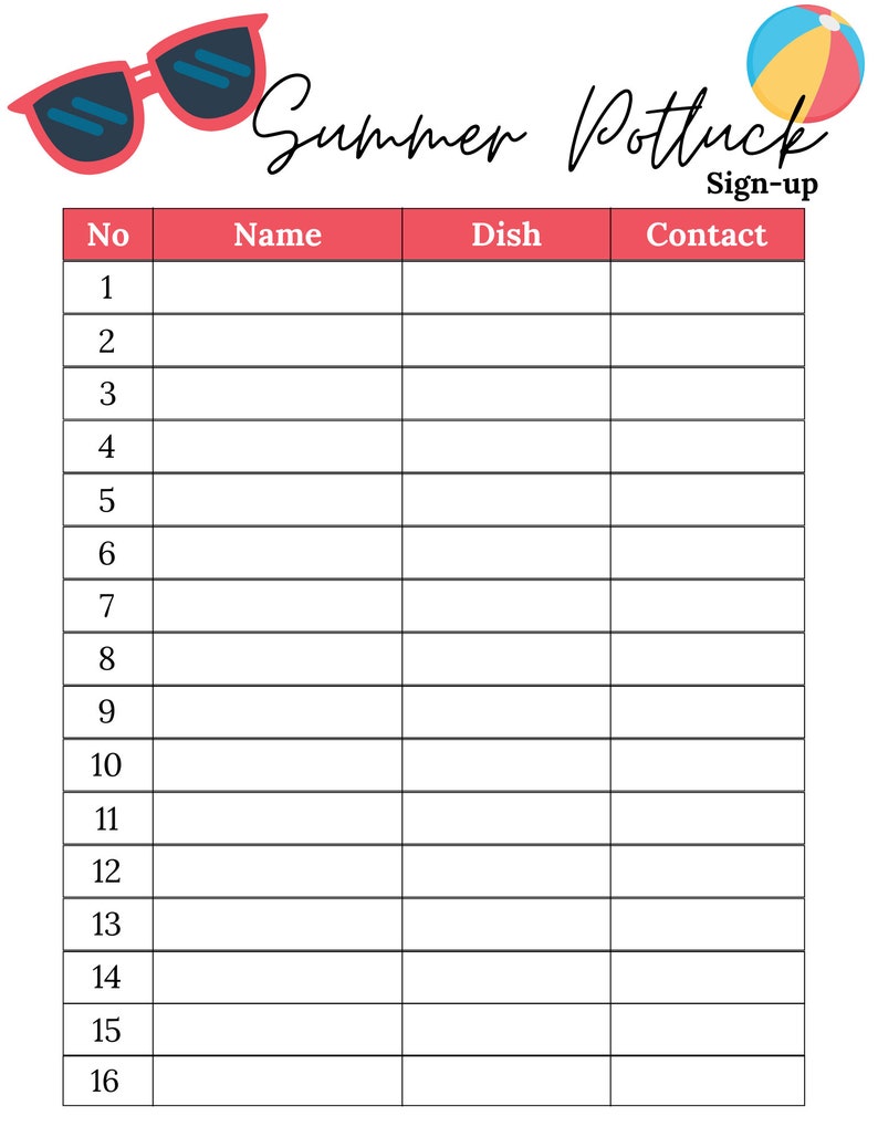 Summer Potluck Sign up Sheet | Summer Potluck Sheet | Summer Potluck ...
