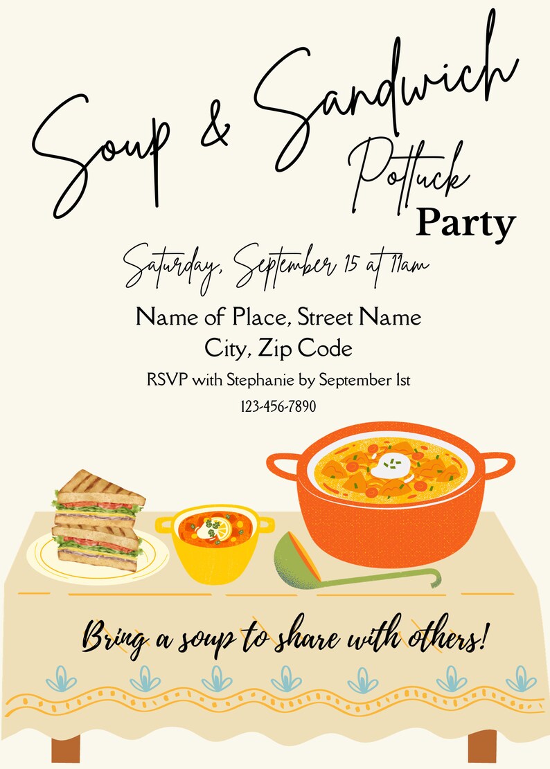 Soup and Sandwich Potluck Invitation Template | Soup and Sandwich ...