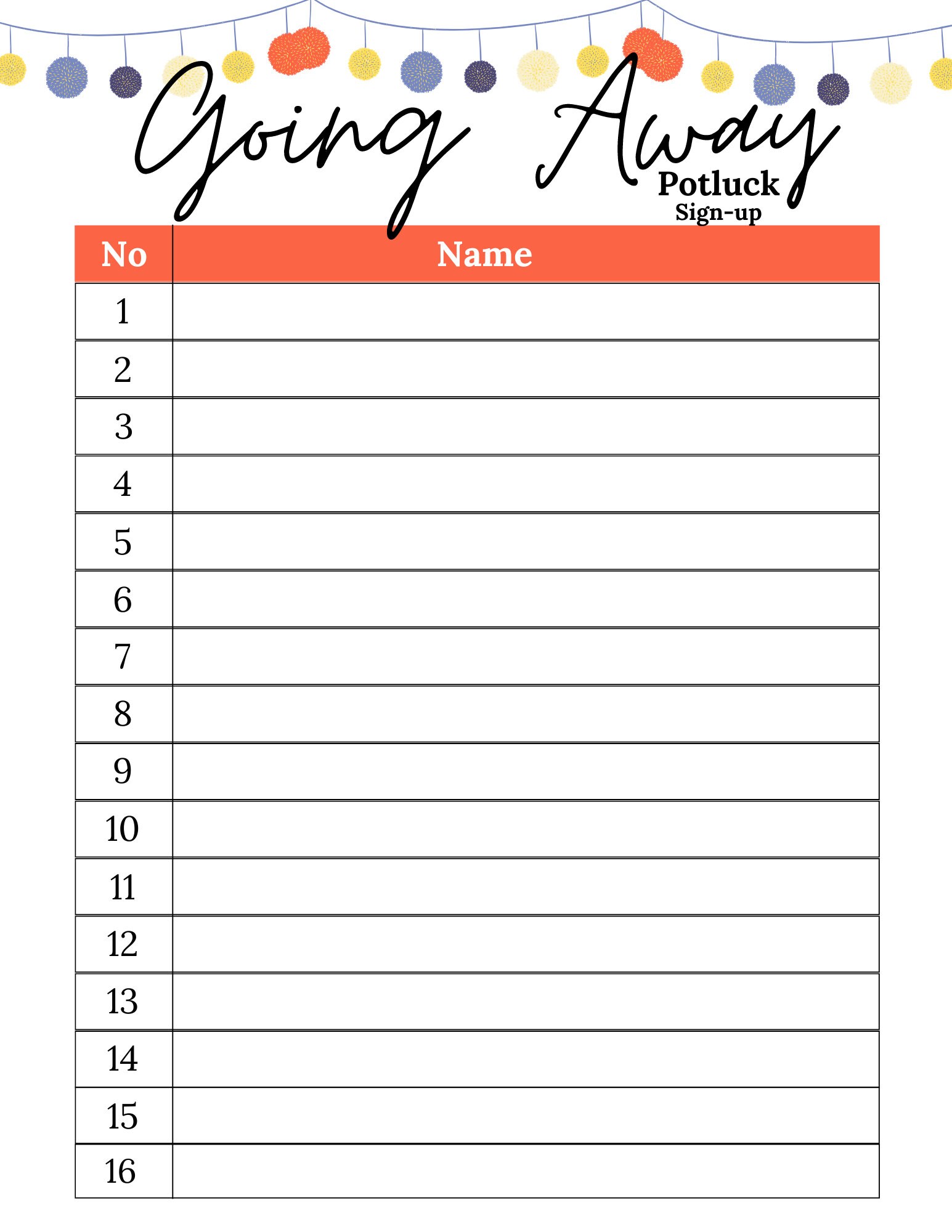 Potluck Sign up Sheet | Going Away Potluck Sign up Sheet | Going Away Potluck Sheet | Potluck ...