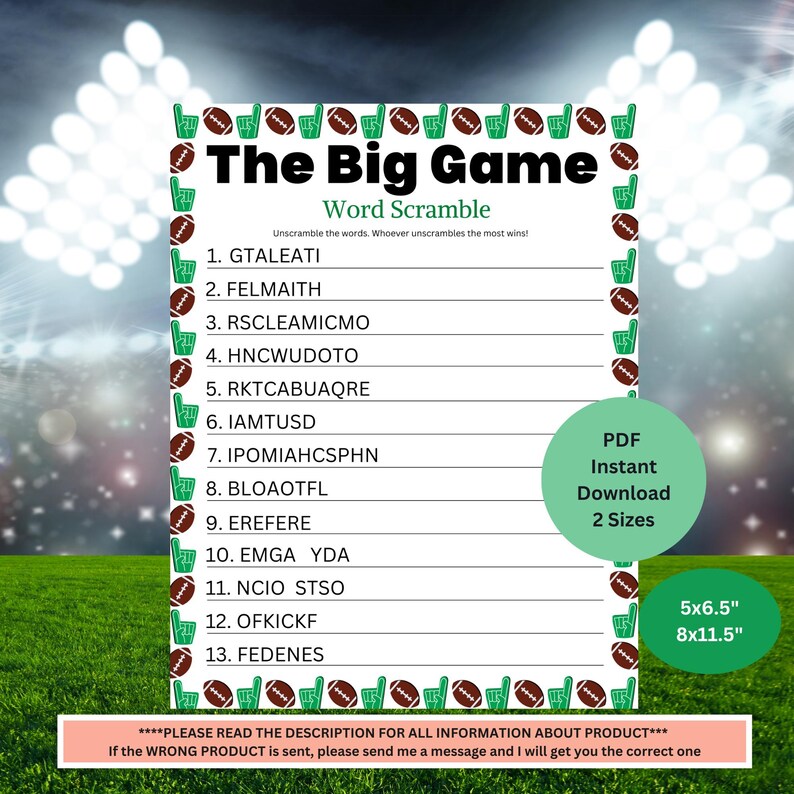 The Big Game Party Games | the Big Game Word Scramble | Big Game Games ...