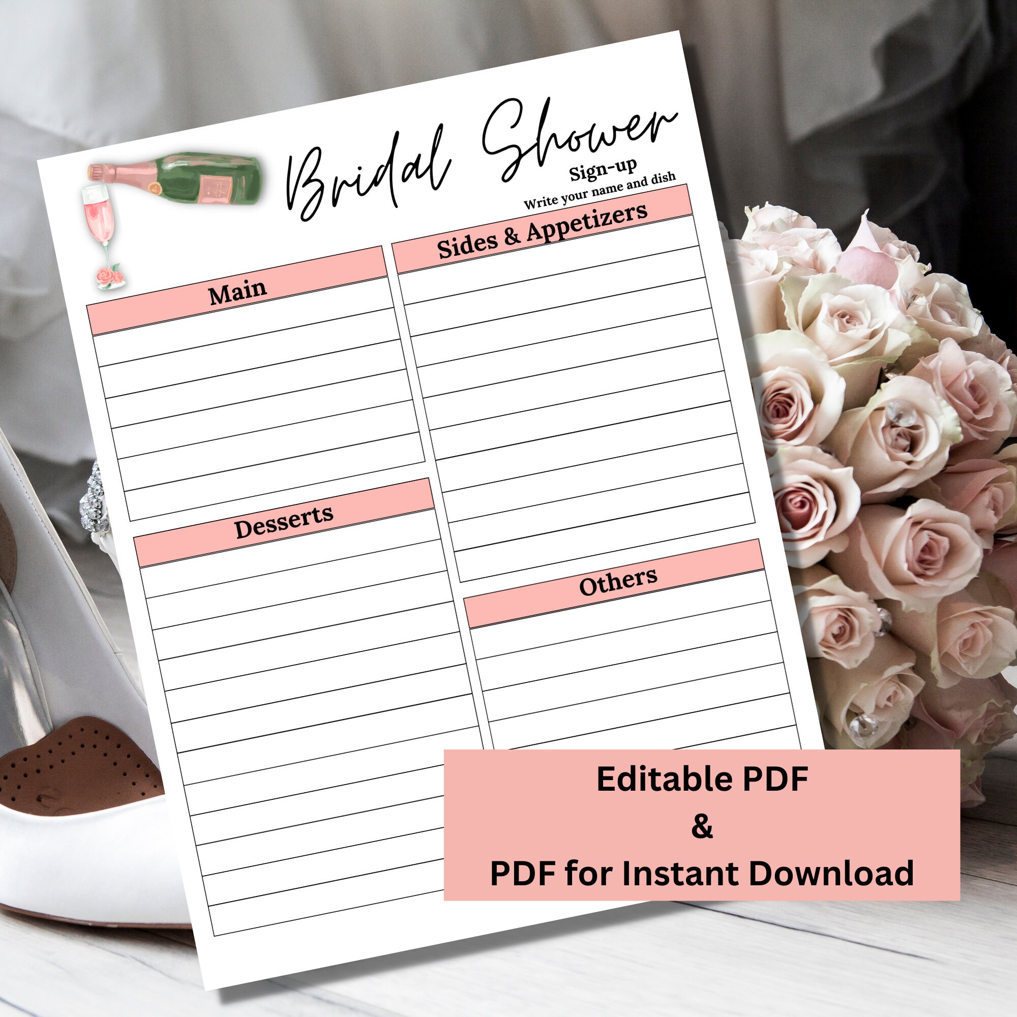 Potluck Sign up Sheet | Editable PDF Bridal Shower Potluck Sign up ...