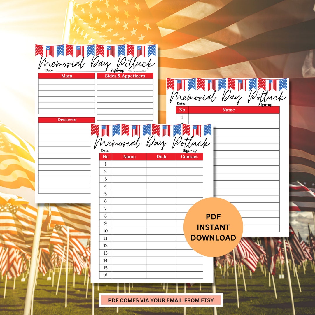 Memorial Day Potluck Sign up Sheet | Holiday Potluck Sheet | Potluck ...