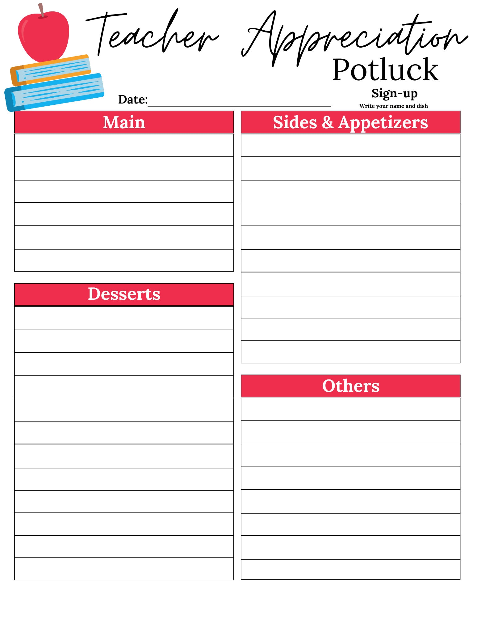 Teacher Appreciation Potluck Sign up Sheet Teacher Sign up Sheet School ...