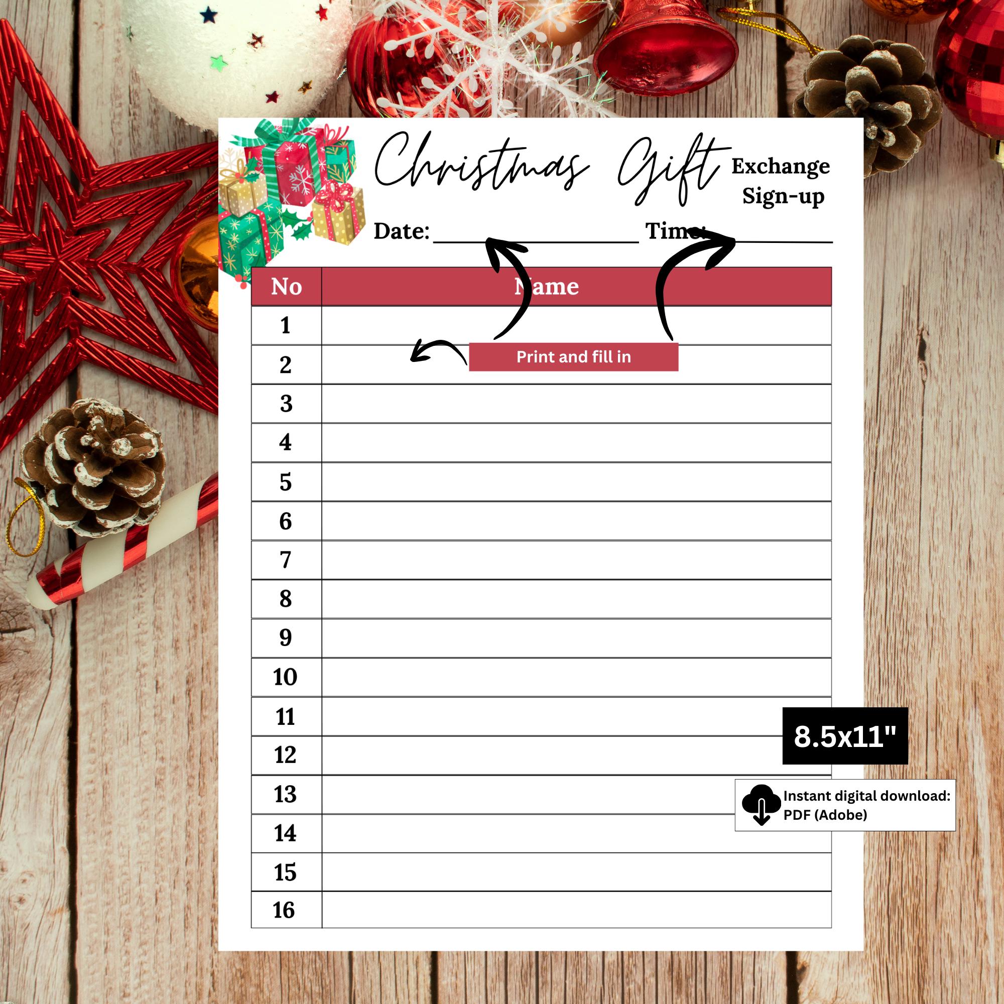 Christmas Gift Exchange Sign up Sheet | Gift Exchange Sign up Sheet ...