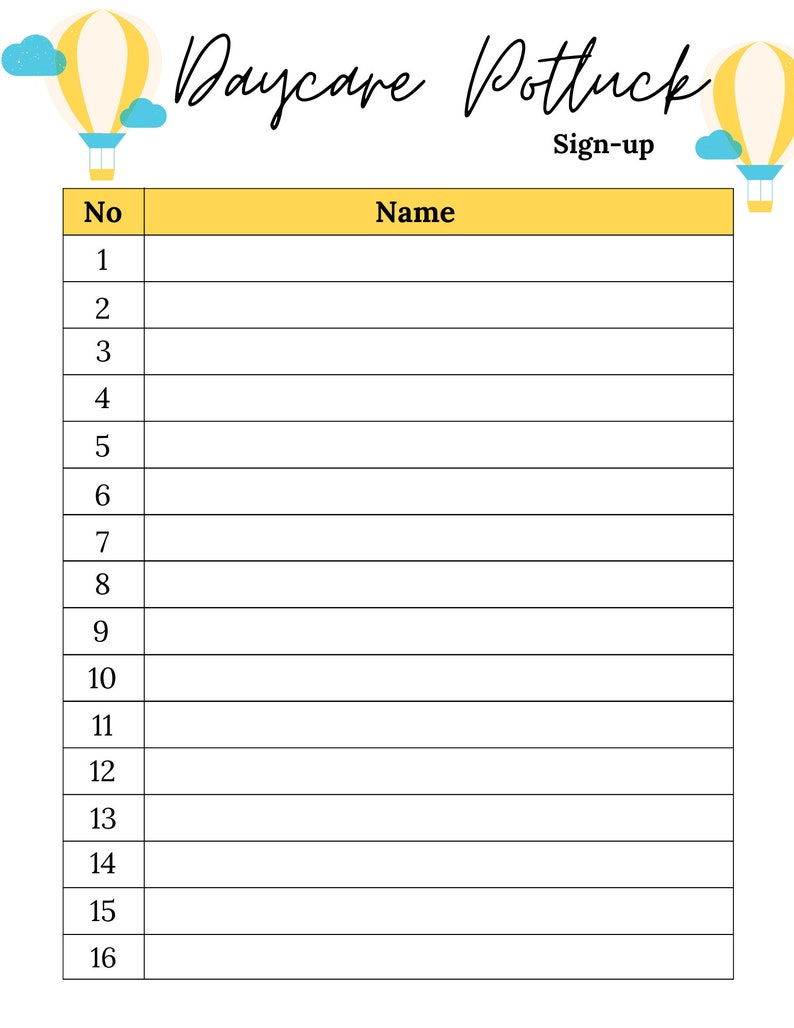 Potluck Sign up Sheet | Daycare Poluck Sign up Sheet | School Potluck ...