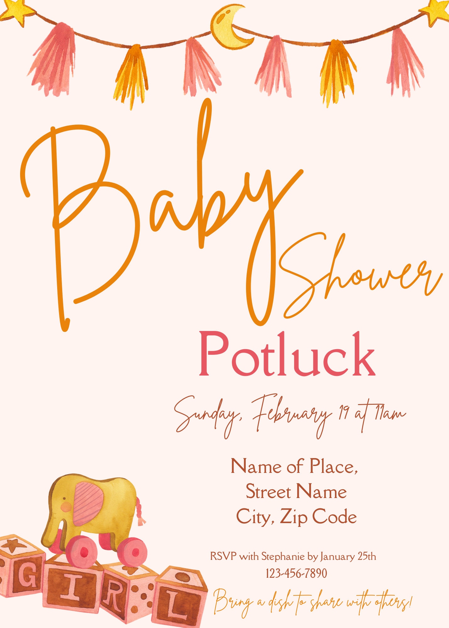 Baby Shower Potluck Invitation Template | Baby Girl Shower Potluck ...